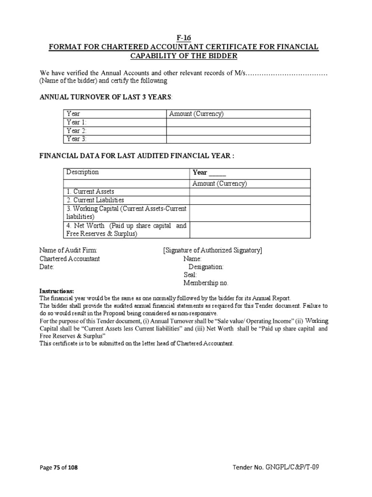 F-16 Format For Chartered Accountant Certificate For Financial ...