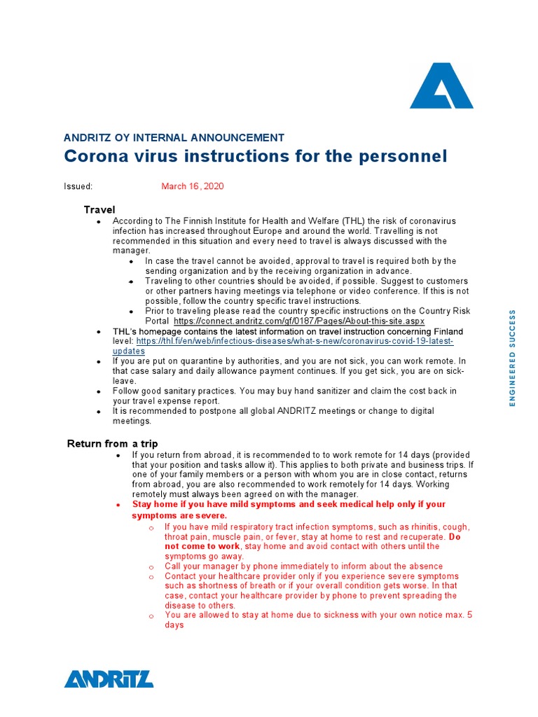 Corona Virus Instructions For The Personnel: Andritz Oy Internal ...