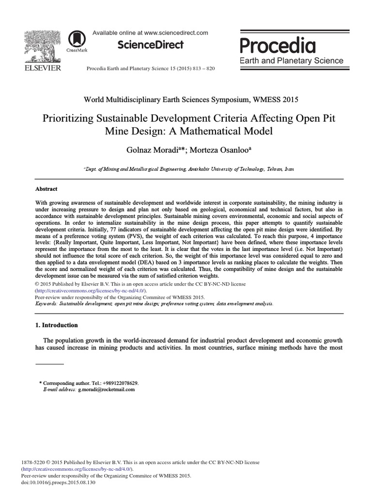 Prioritizing Sustainable Development Criteria Affecting Open Pit Mine Design A Mathematical ...