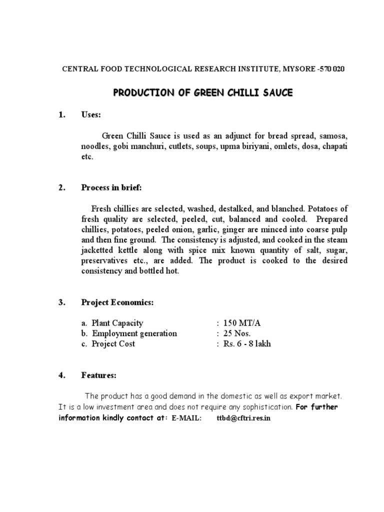 Production of Green Chilli Sauce 1. Uses: Green Chilli Sauce Is Used As ...
