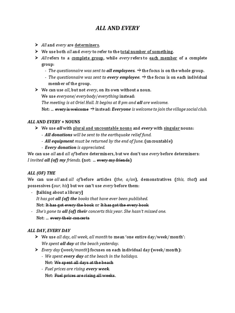 Understanding "All" and "Every" Usage | PDF | Noun | Grammatical Number