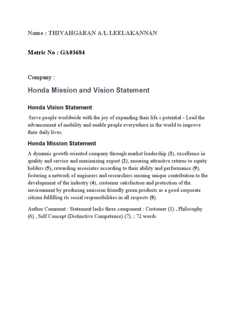 Honda mission and vision statements analyzed | PDF