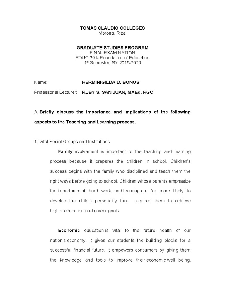 EDUC 201 Final Exam | PDF | Learning Theory (Education) | Motivation