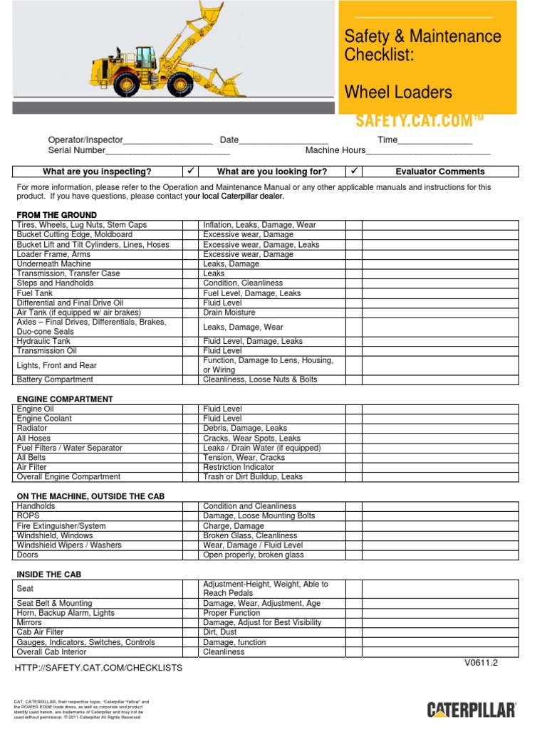 Daily Safety & Maintenance Checklist - Wheel Loaders PDF | Download Free PDF | Leak | Loader ...
