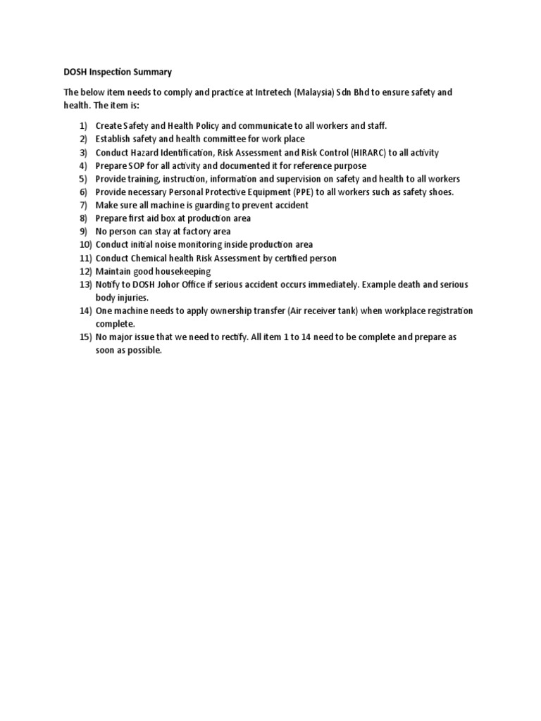 DOSH Compliance and Safety Checklist | PDF | Business | Computers