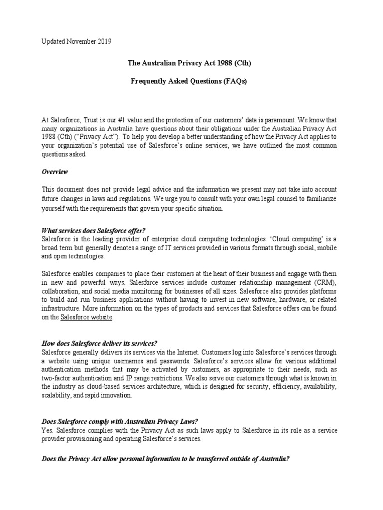 The Australian Privacy Act 1988 (CTH) Frequently Asked Questions (Faqs ...