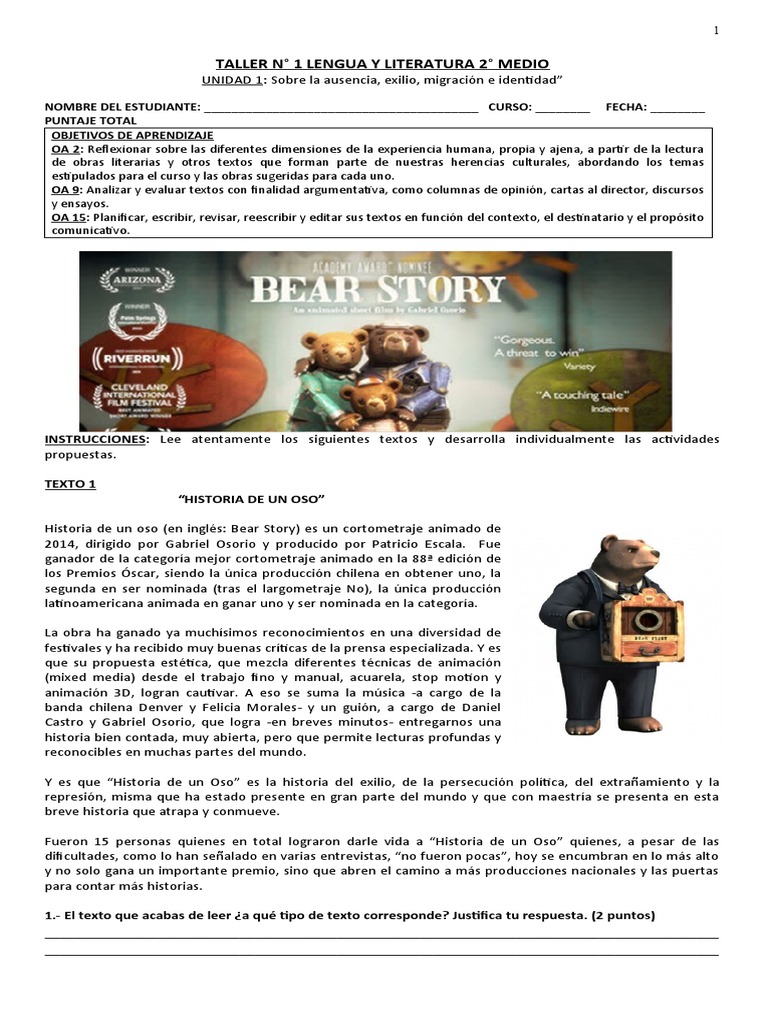 GUÍA1 Unidad 1 Historia de Un Oso | PDF | Chile
