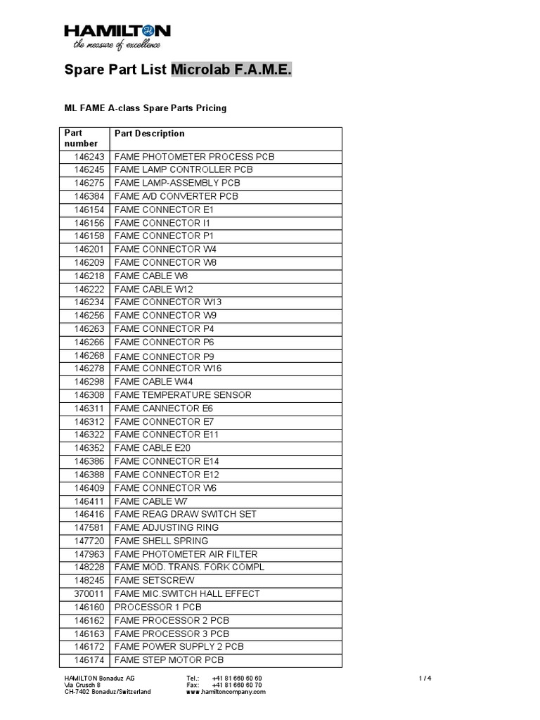 Hamilton Microlab FAME - Spare Parts PDF | PDF | Equipment | Electronics