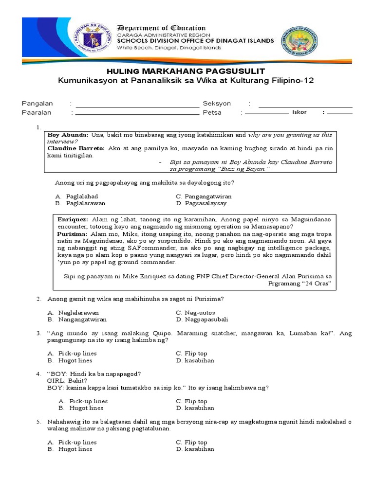 Grade 12 - HULING MARKAHANG PAGSUSULIT | PDF
