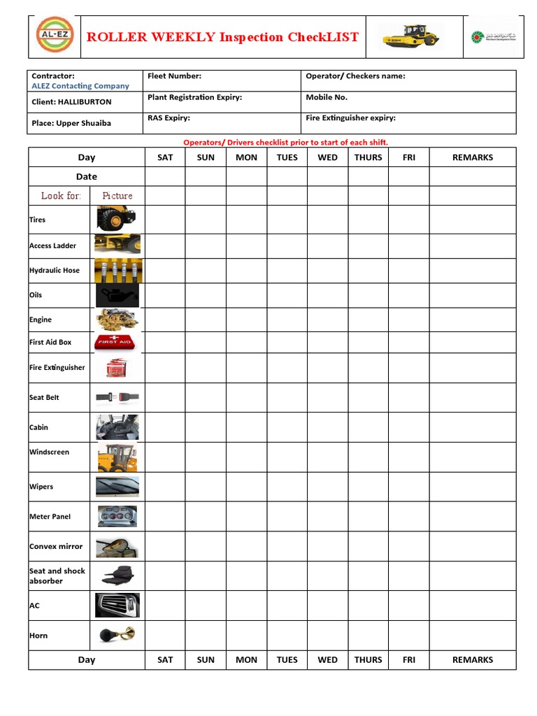 Roller Weekly Inspection Checklist: Day Date | PDF