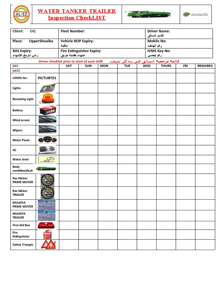 Water Tanker-Trailer Inspection Checklist: Client | PDF