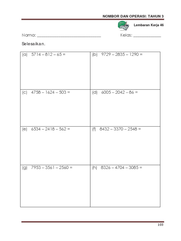 Latihan Matematik Tahun 3: Operasi Tolak | PDF