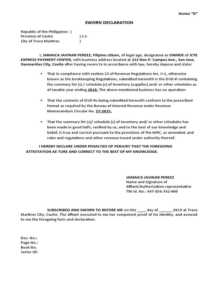 Sworn Declaration Annex D | PDF