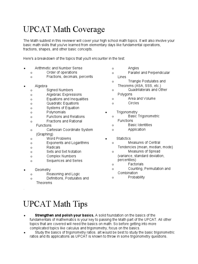 UPCAT Math Coverage | PDF | Reading Comprehension | Teaching Mathematics