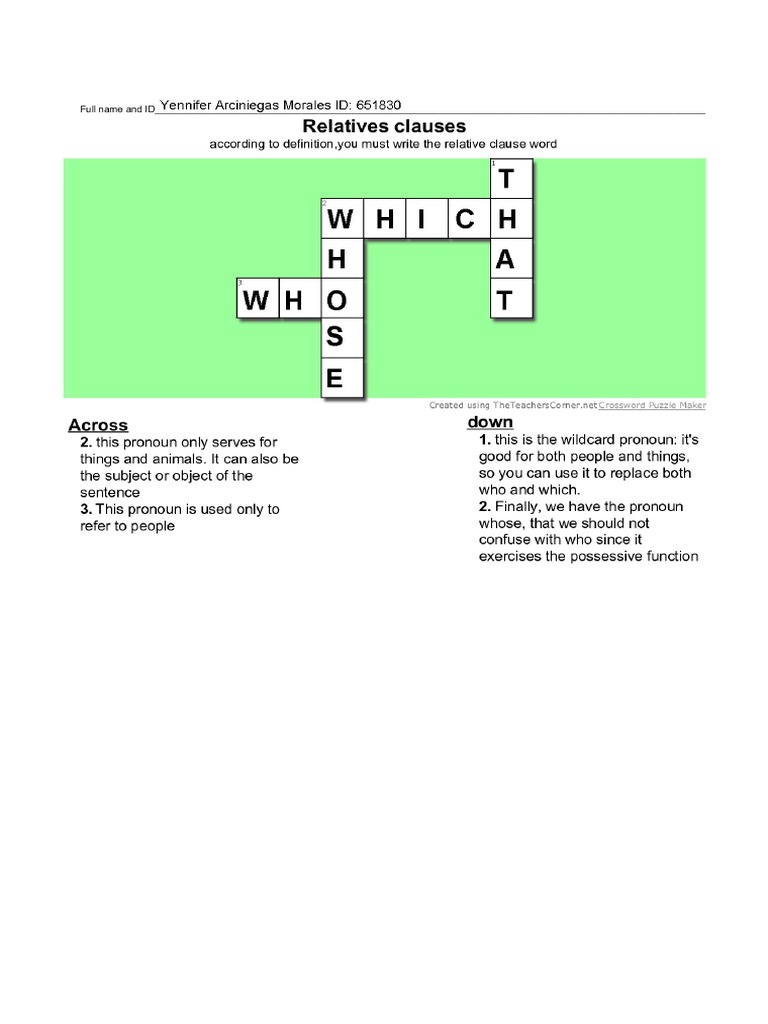 Crossword QUIZ RELATIVE CLAUSES (RESUELTO) PDF | PDF