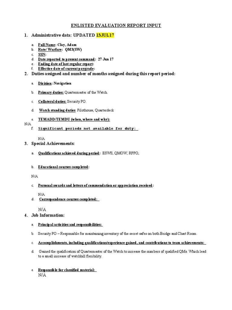Enlisted Evaluation Report Input Administrative Data: UPDATED 13JUL17 ...