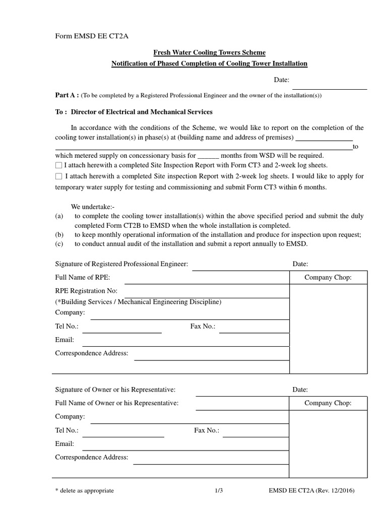 Form Emsd Ee Ct2A: Fresh Water Cooling Towers Scheme Notification of ...