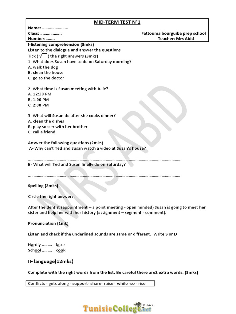 Devoir de Contrôle N°1 - Anglais - 9ème (2010-2011) Mrs Sawsen Abid | PDF | Parent | Relationships