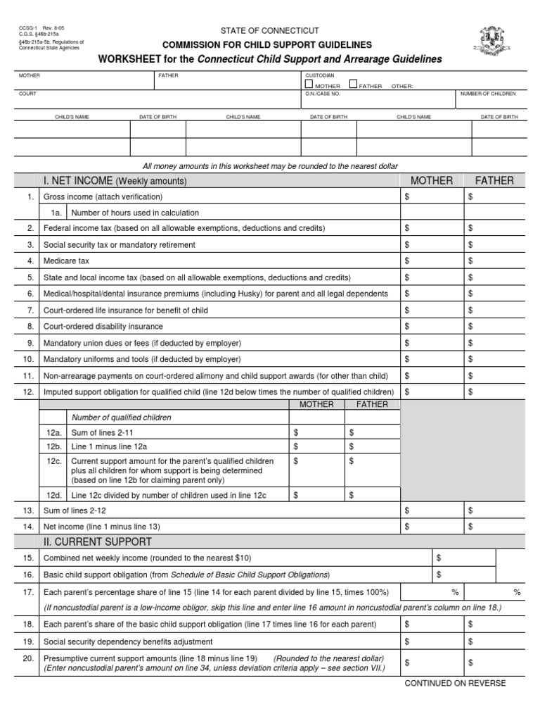 WORKSHEET For The Connecticut Child Support and Arrearage Guidelines ...