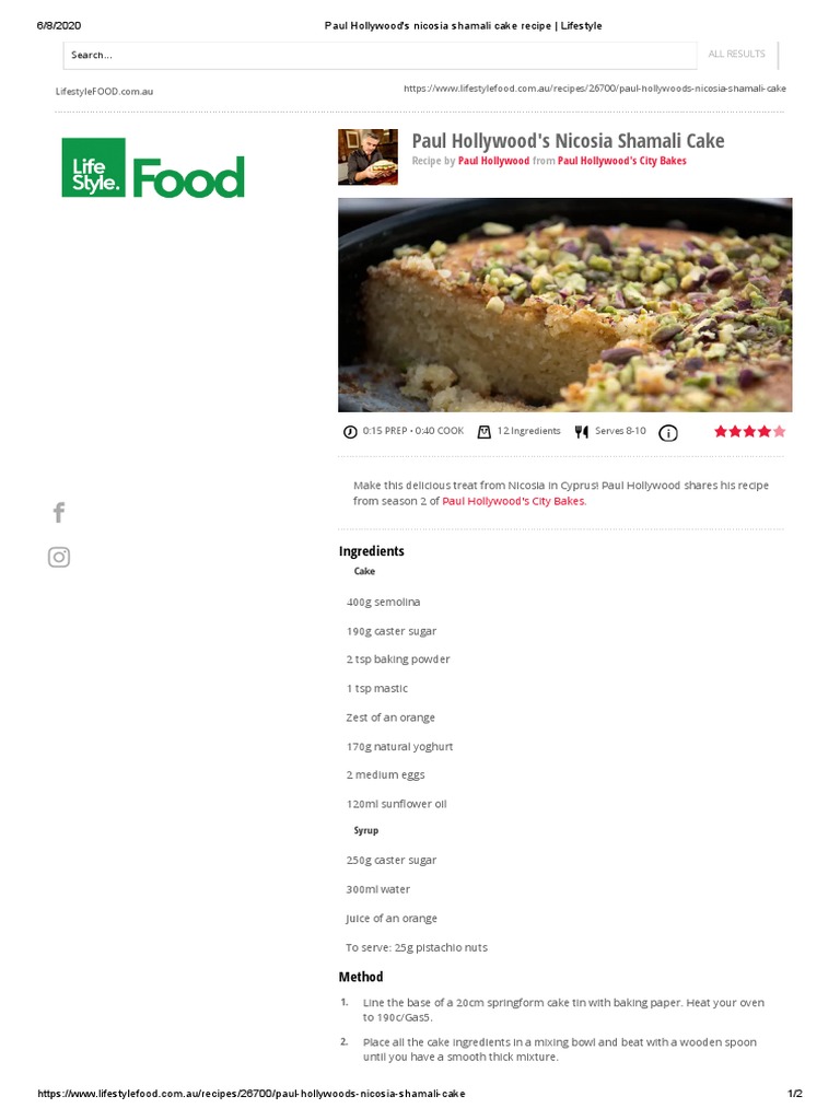 Paul Hollywood's Nicosia Shamali Cake Recipe - Lifestyle | PDF | Cakes ...