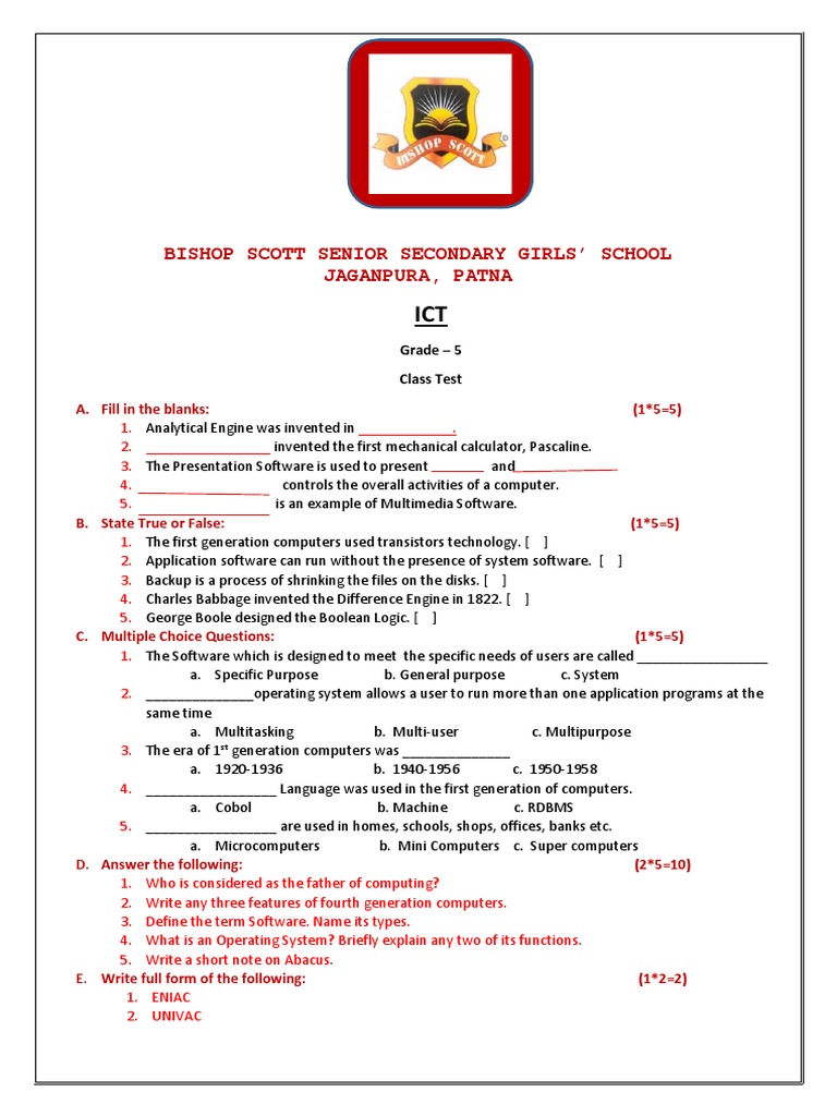 G 5 Class Test Question | PDF | Computer Program | Programming