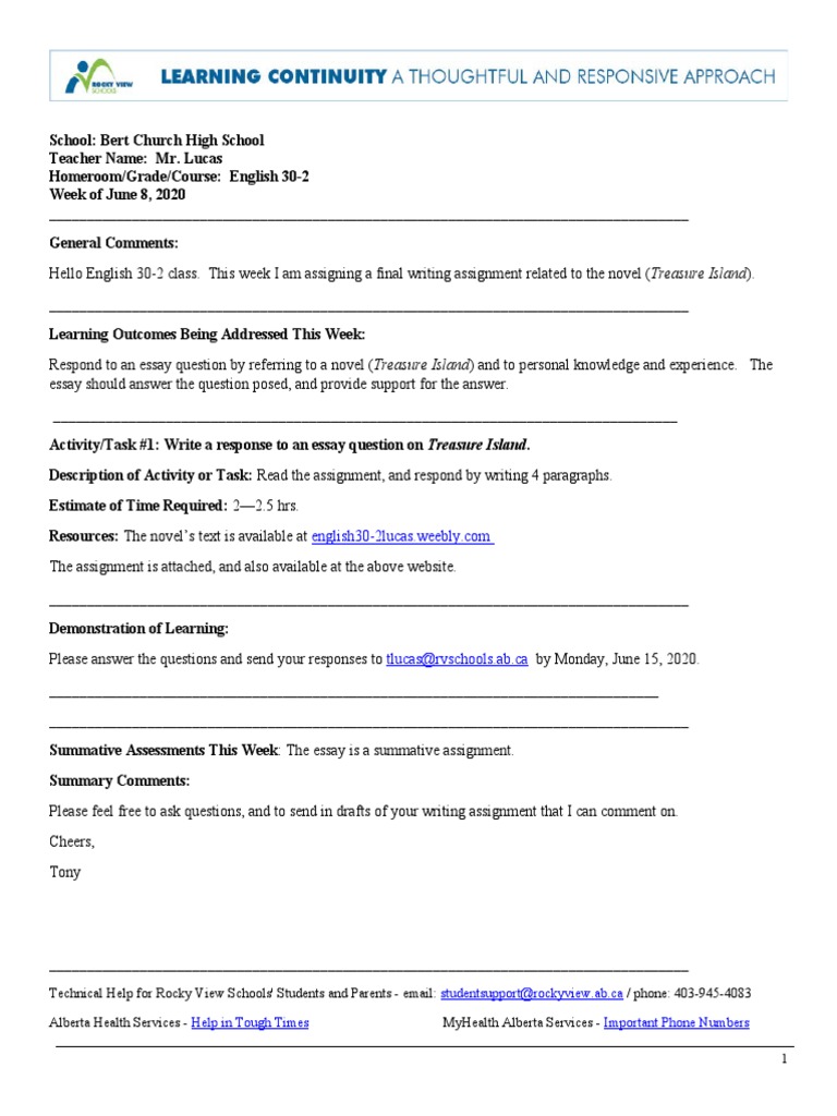 English 30-2 Treasure Island Essay Assignment | PDF