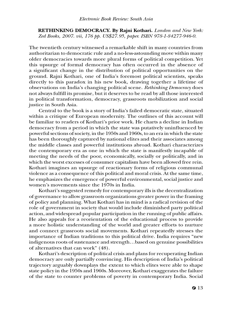 RETHINKING DEMOCRACY. by Rajni Kothari. London and New York | PDF ...