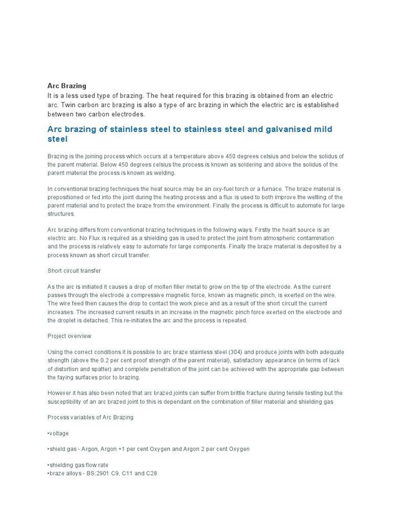Arc Brazing of Stainless Steel To Stainless Steel and Galvanised Mild ...