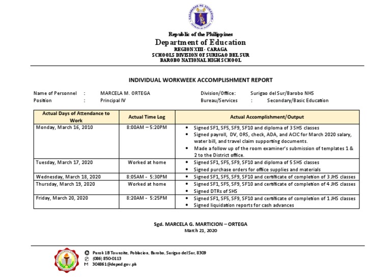 Department of Education: Individual Workweek Accomplishment Report ...