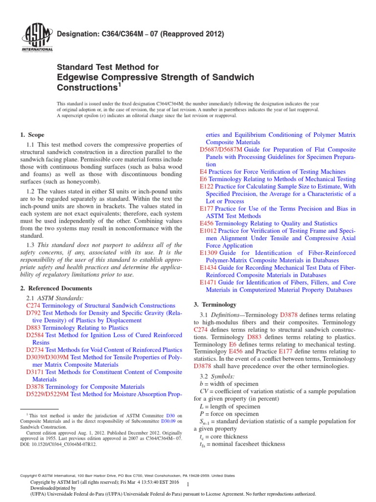 Edgewise Compressive Strength of Sandwich Constructions: Standard Test ...