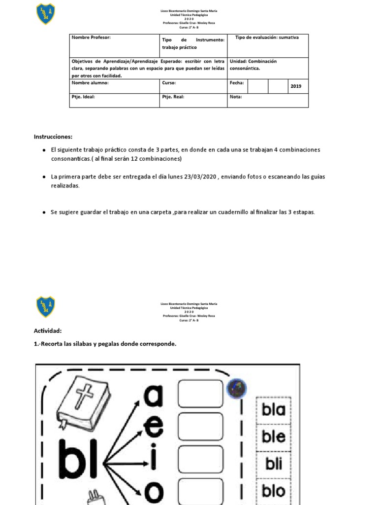 Actividades sobre Combinaciones Consonánticas | PDF | Aprendizaje ...
