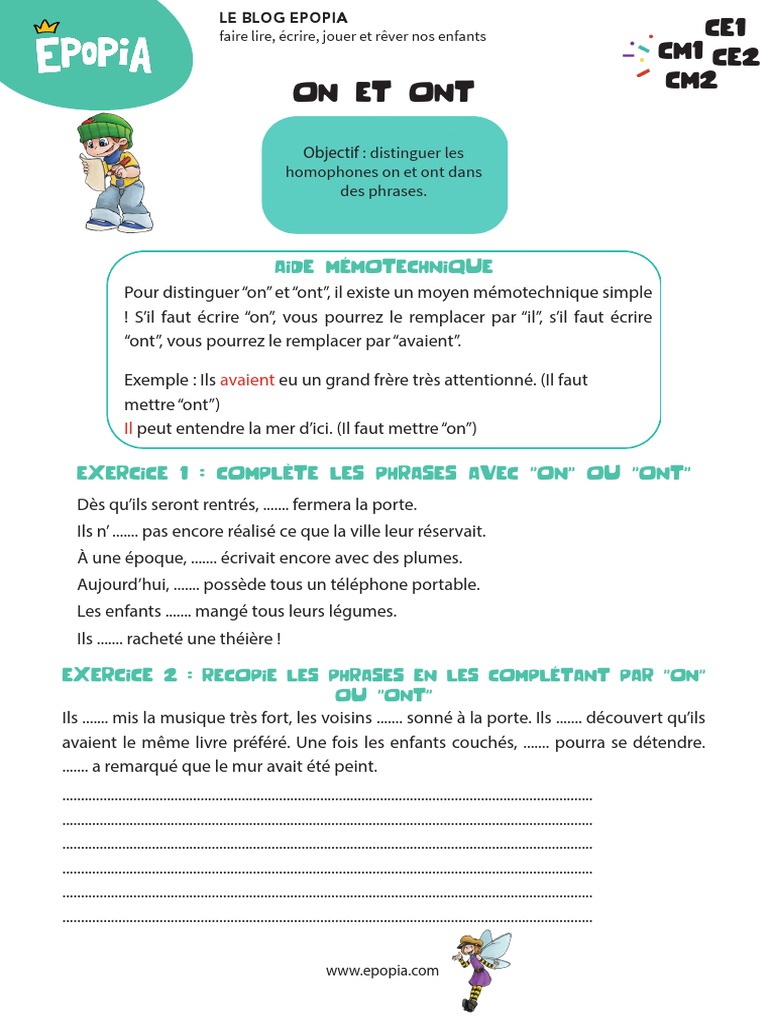 Exercices sur "on" et "ont" CM2 | PDF