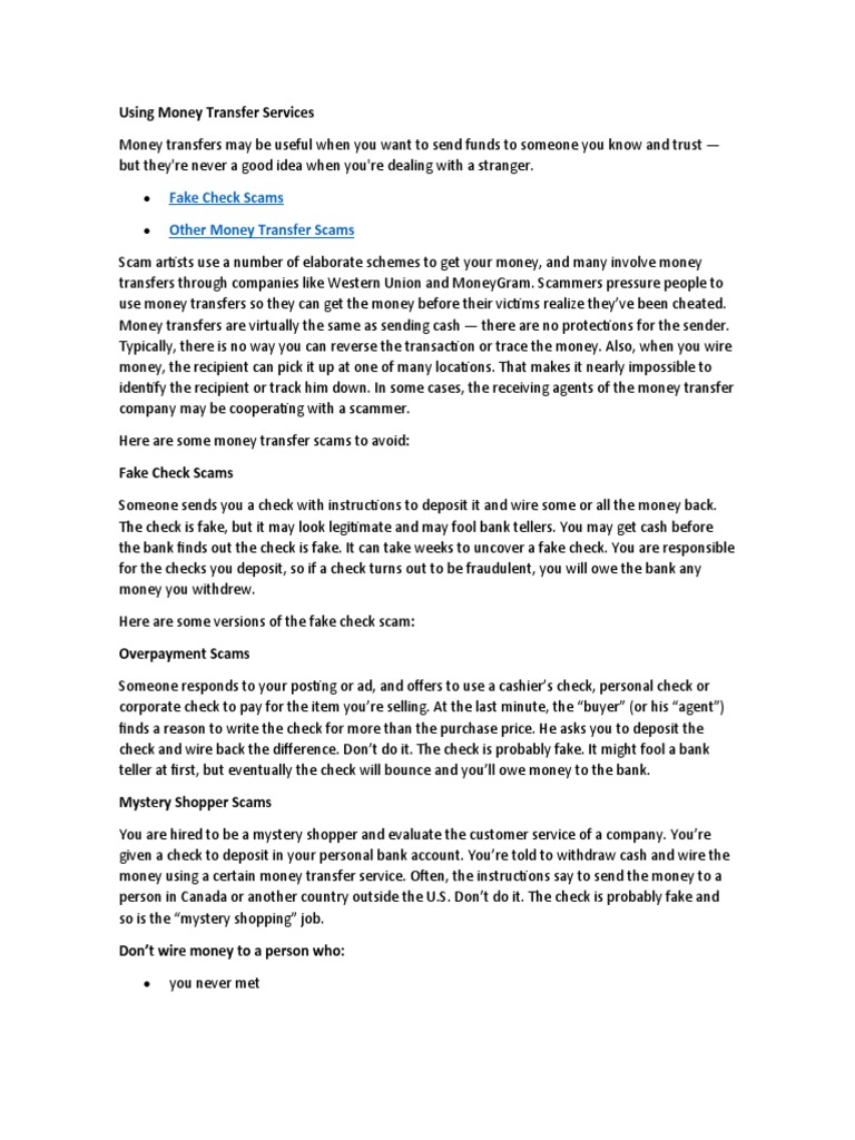 Fake Check Scams Other Money Transfer Scams | PDF | Cheque | Wire Transfer