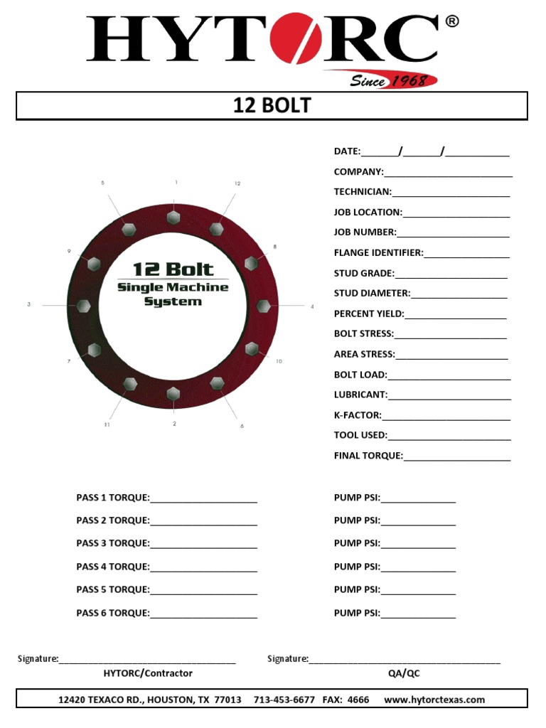 12 Bolt Torque Sheet Checklist | PDF