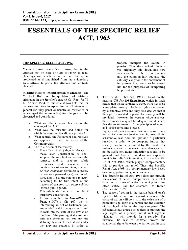 Essentials of The Specific Relief ACT, 1963 | PDF | Legal Remedy ...