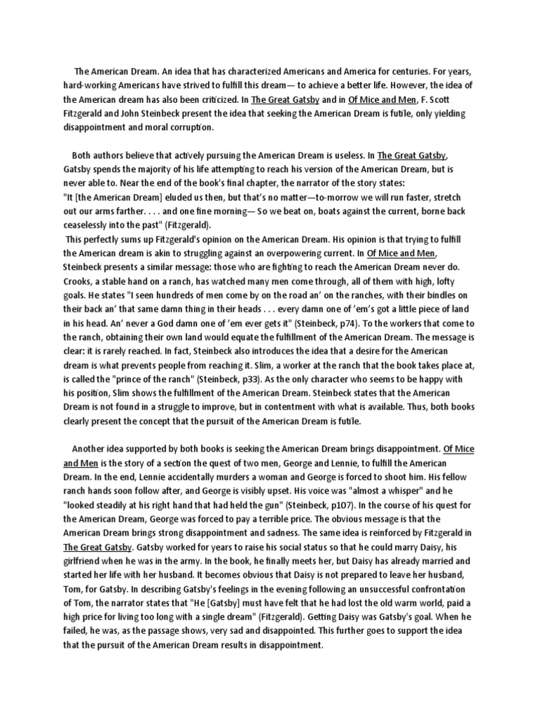 Gatsby vs. of Mice and Men Essay | PDF | The Great Gatsby | American Dream