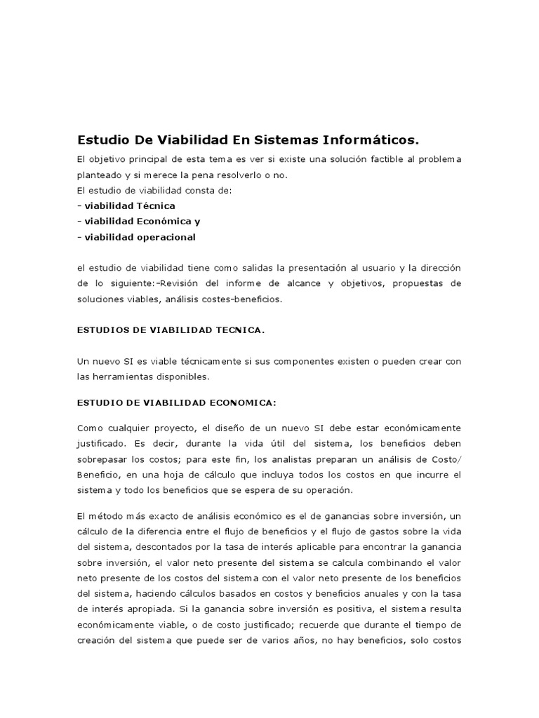 Estudio de Viabilidad en Sistemas Informáticos | PDF | Beneficio ...
