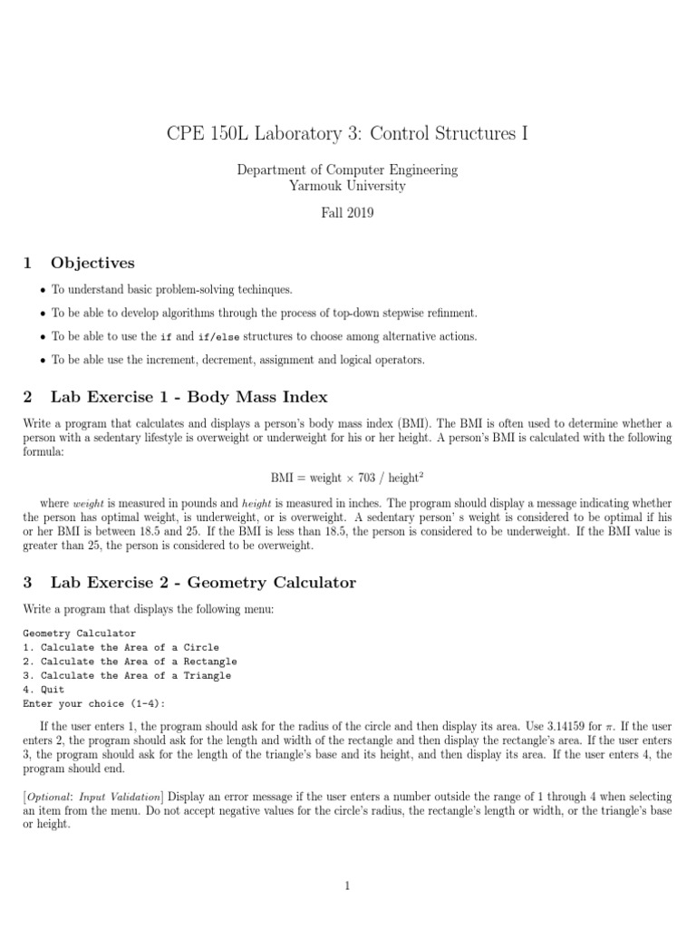 CPE 150L Laboratory 3: Control Structures I: 1 Objectives | PDF | Body ...