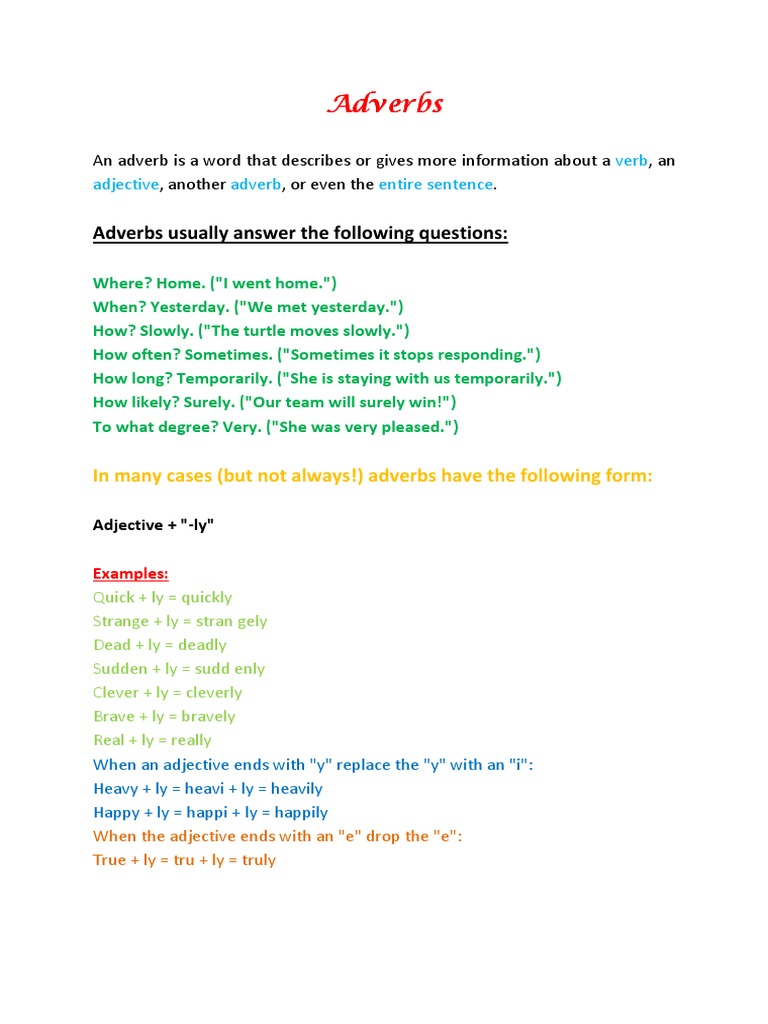 Adverbs Adverbs Adverbs Adverbs: Adverbs Usually Answer The Following ...