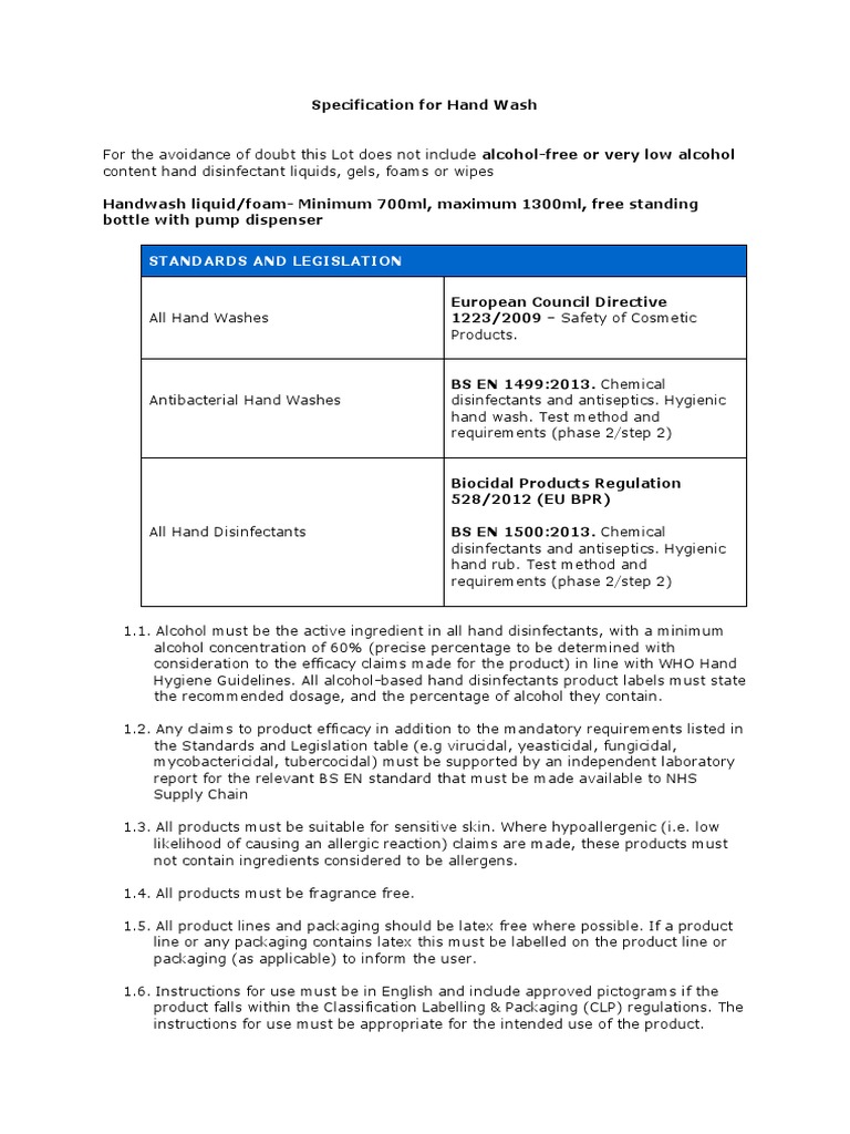 Hand Wash Specification | PDF | Hand Washing | Hygiene