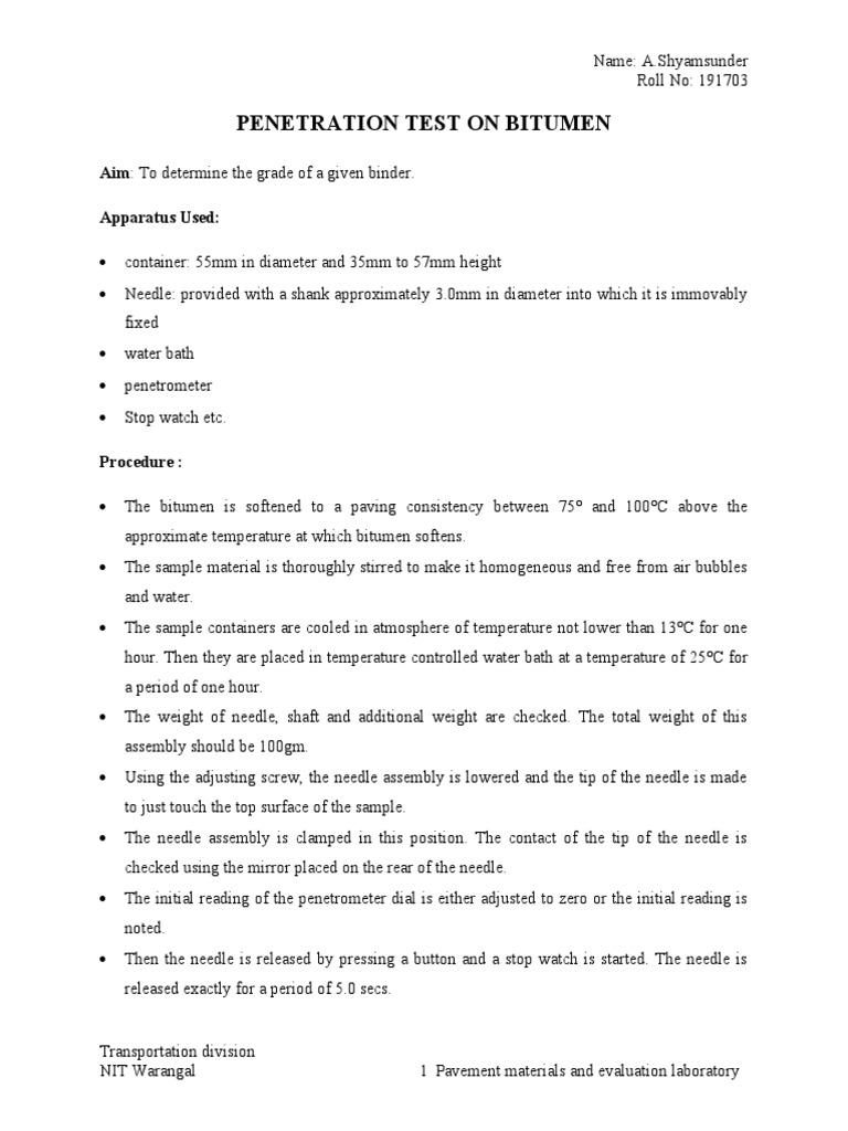 Penetration Test On Bitumen | PDF | Asphalt | Applied And ...