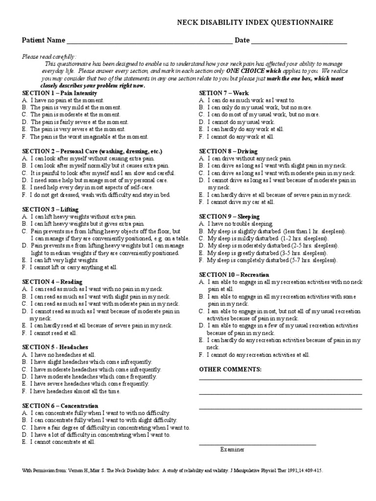 Neck Disability Index | PDF | Pain | Medicine