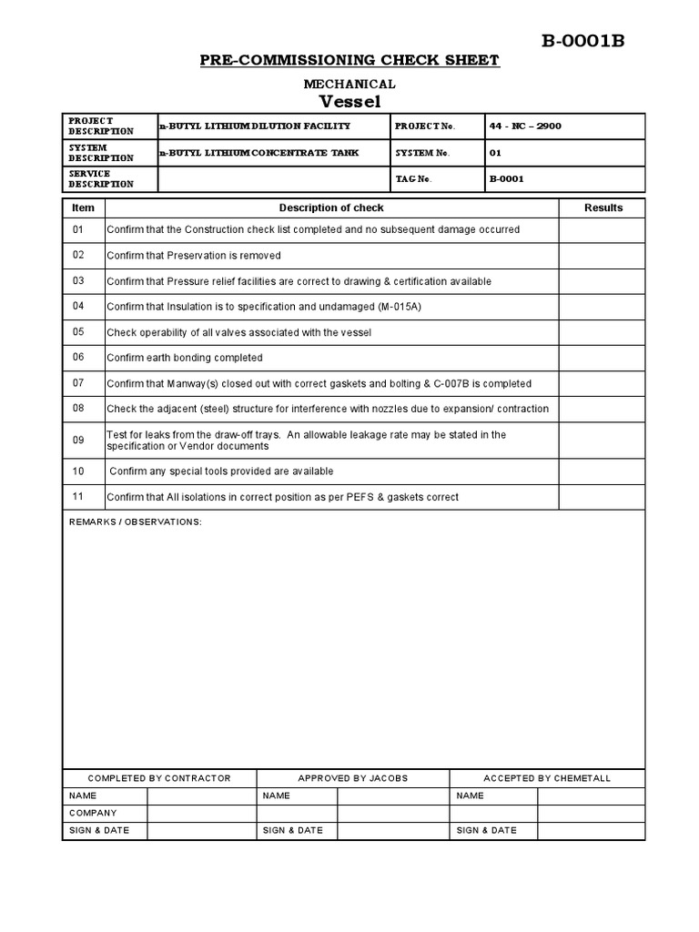 Pre-Commissioning Check Sheet: Mechanical | PDF