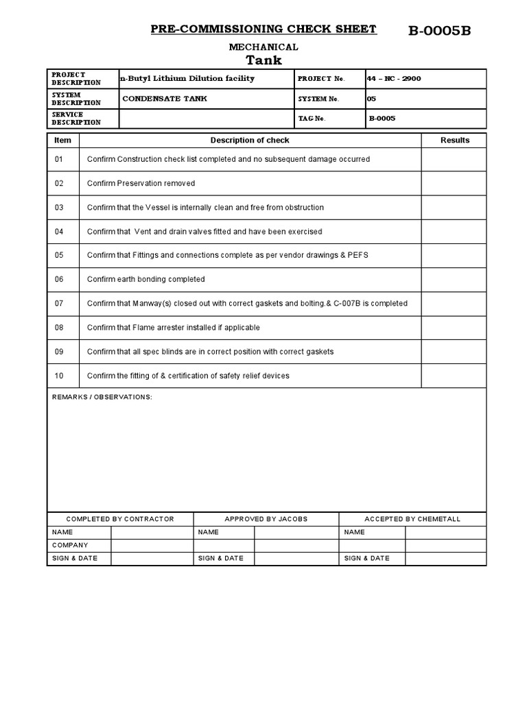 Tank B-0005B: Pre-Commissioning Check Sheet | PDF