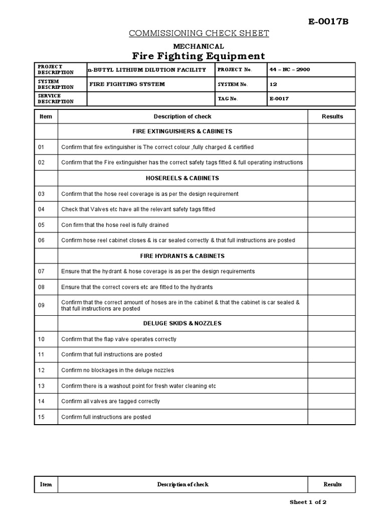 Fire Fighting Equipment: Commissioning Check Sheet | PDF | Firefighting ...