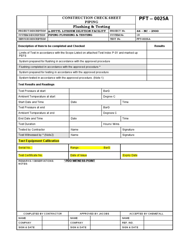 PFT - 0025A: Construction Check Sheet Piping Flushing & Testing | PDF