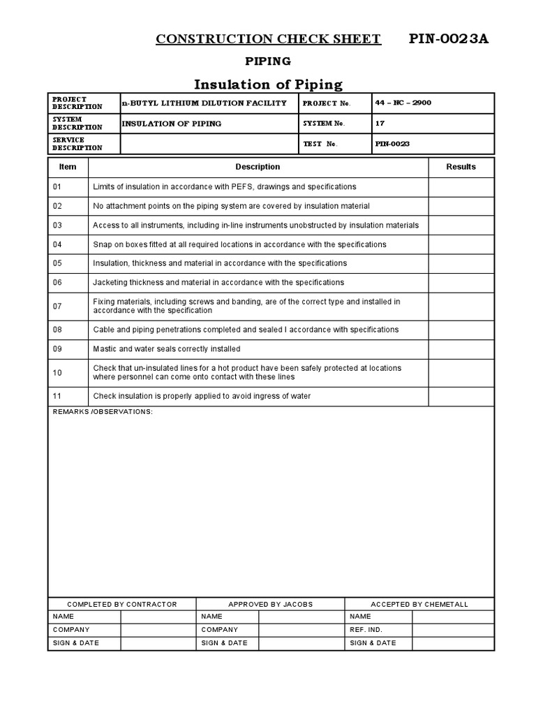 Construction Check Sheet Insulation of Piping PIN-0023A | PDF