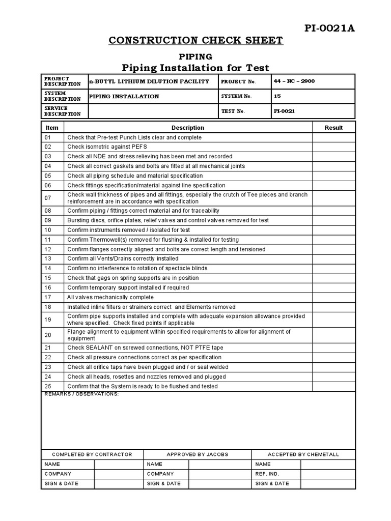 Construction Check Sheet Piping Installation For Test PI-0021A | PDF ...
