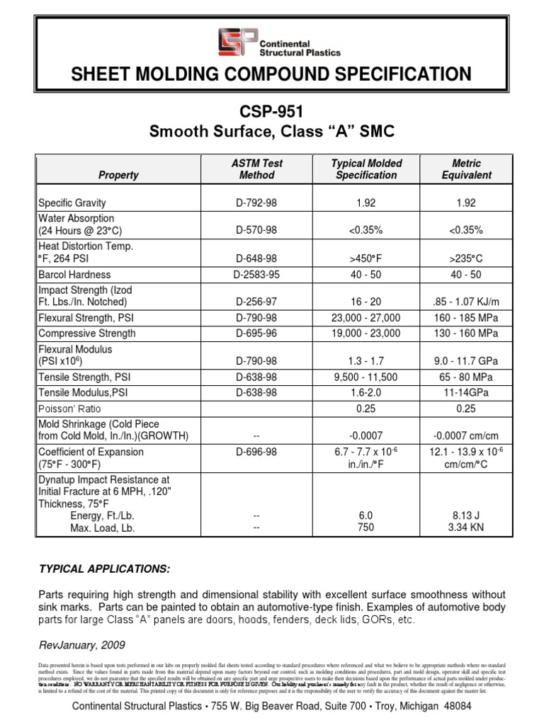 Sheet Molding Compound Specification Sheet: CSP-951 Smooth Surface ...