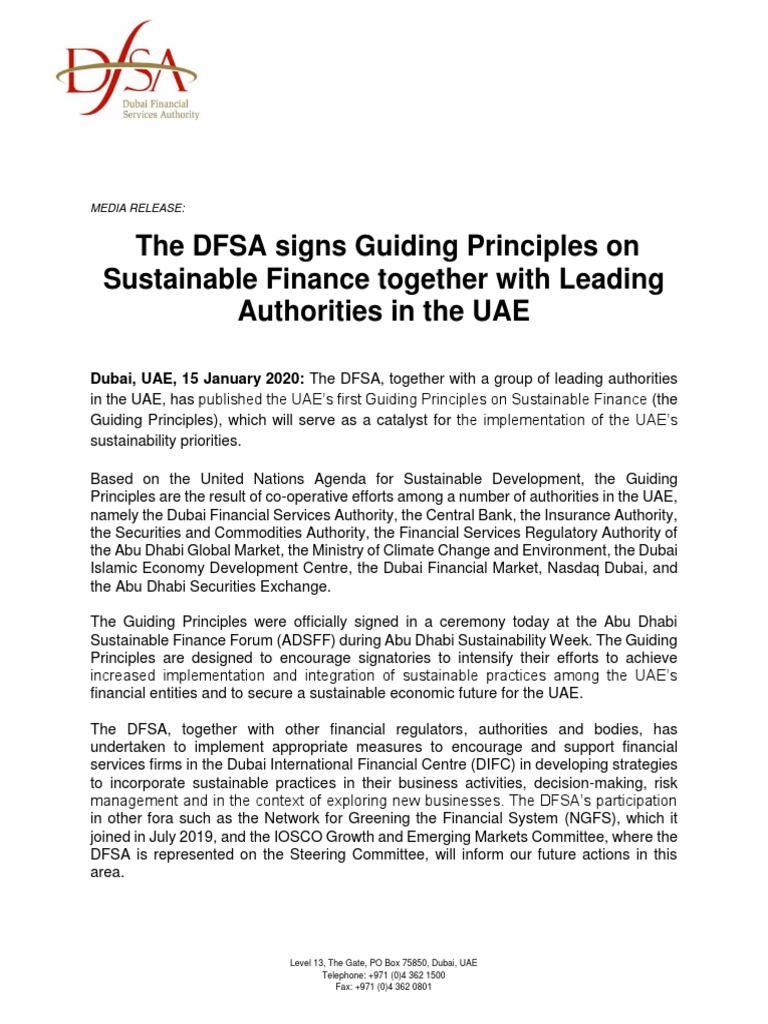 The DFSA Signs Guiding Principles On Sustainable Finance Together With ...